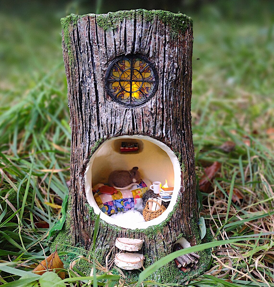Mouse House With Stained Glass Window, Tree Night Light, Fairy Tree ...