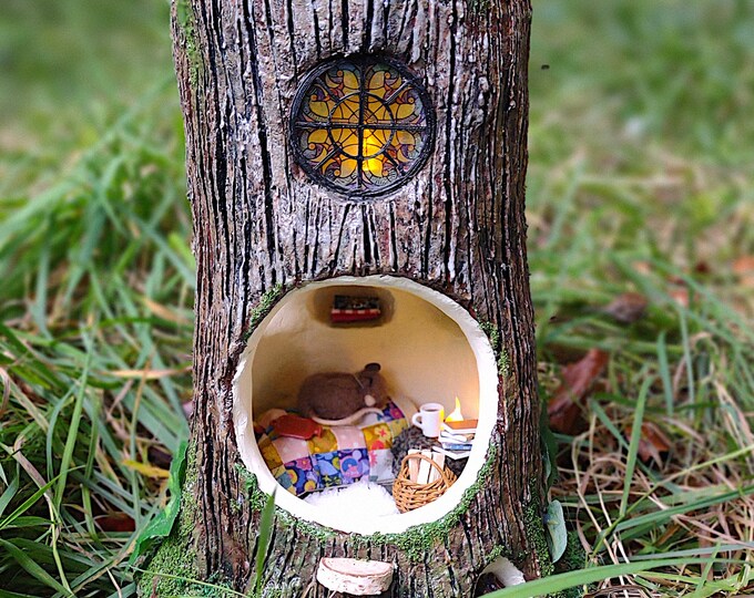 Mouse House With Stained Glass Window, Tree Stump Night Light, Fairy ...