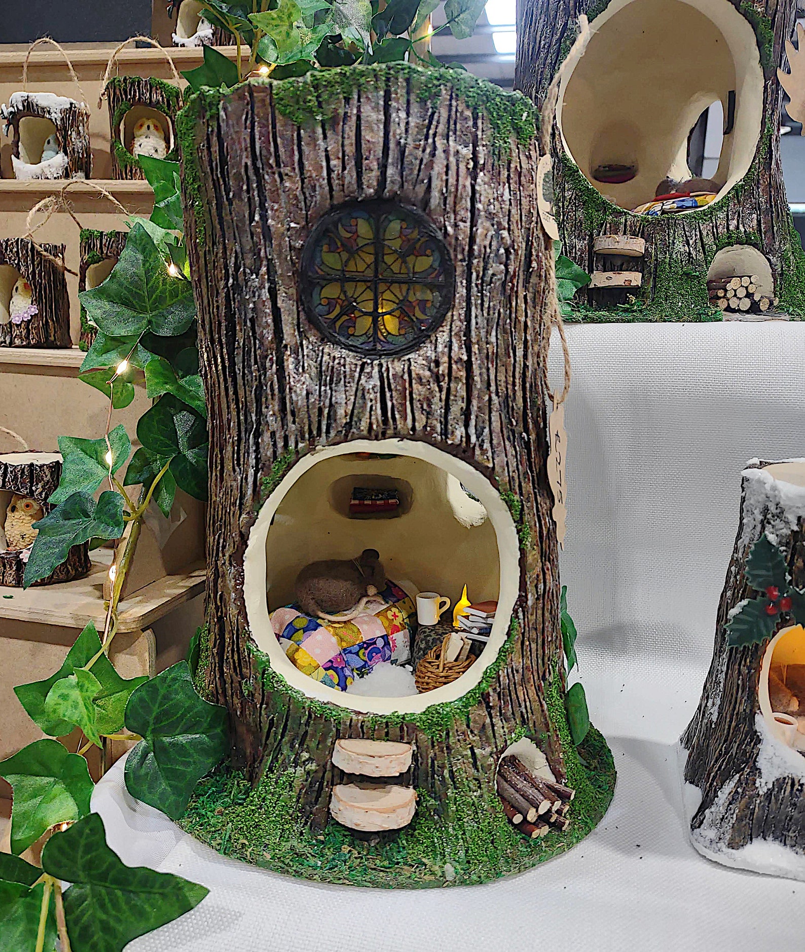 Mouse House With Stained Glass Window, Tree Night Light, Fairy Tree ...