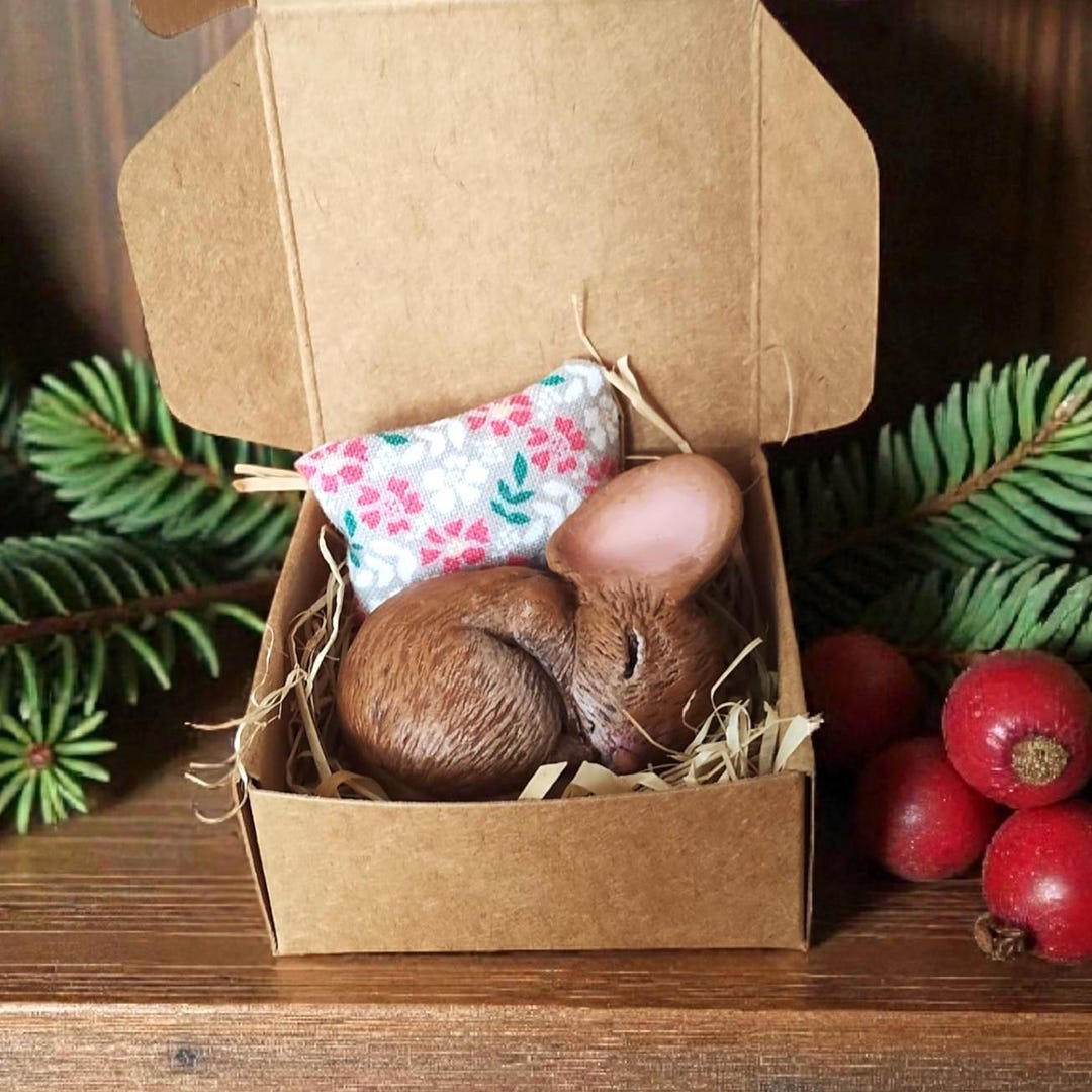 Sleeping Mouse in Box With Floral Pillow in Box, Cute Mouse Ornament ...