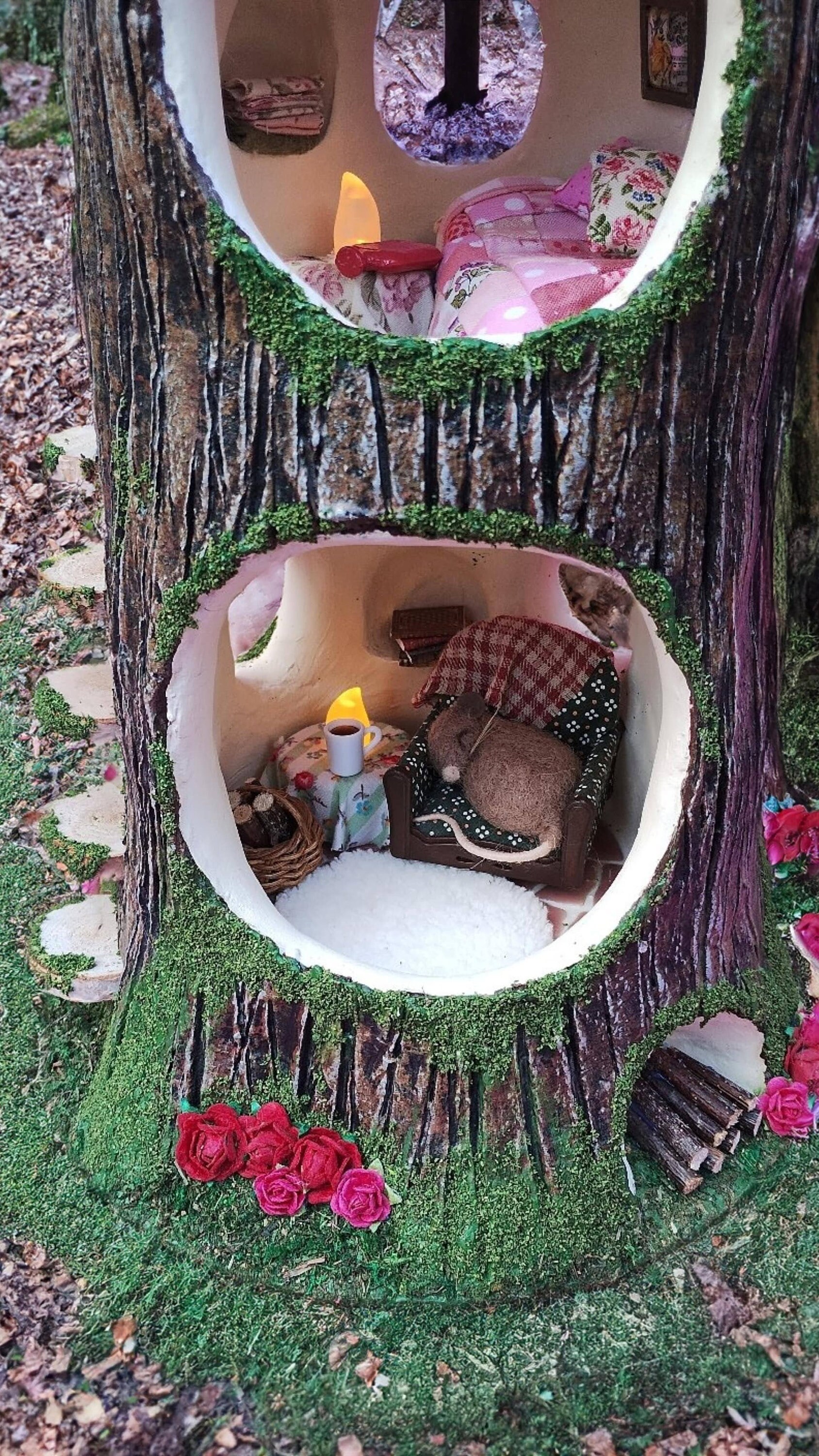 Two Storey Mouse House With Red Roses Tree Dollshouse Fairy Tree House ...