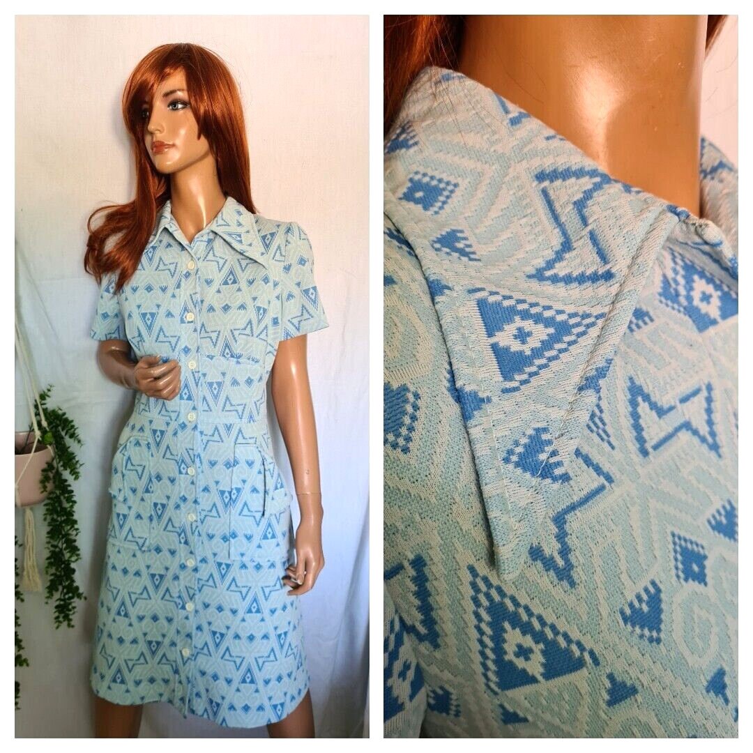 Vintage 60s 70s Blue Trevira 2000 Crimplene Graphic Mod Scooter Dress ...