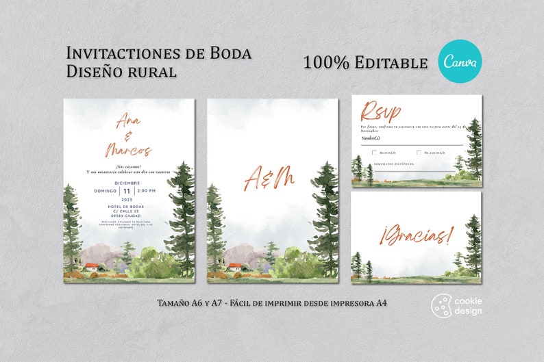 Invitaciones De Boda RSVP Diseño Rural Acuarela 100% Editable En Canva ...