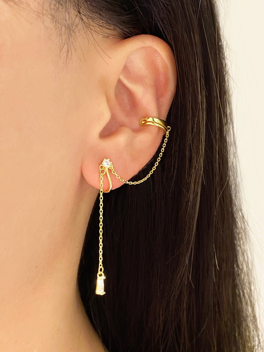 Teardrop Chain Ear Cuff Earring, Non Piercing Ear Cuff, Fake Ear Cuff ...
