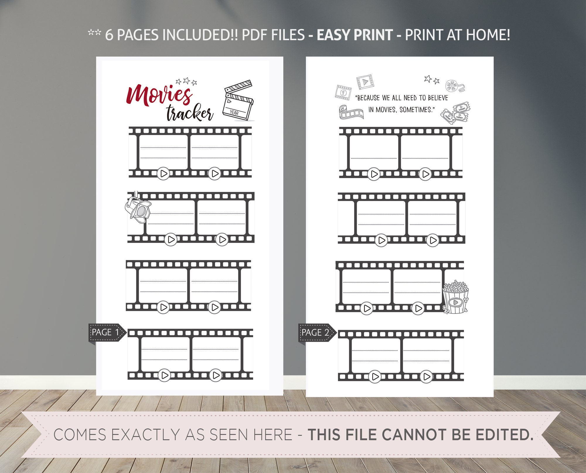 Movies Tracker Planner Inserts to Print, Entertainment Movie Journal ...