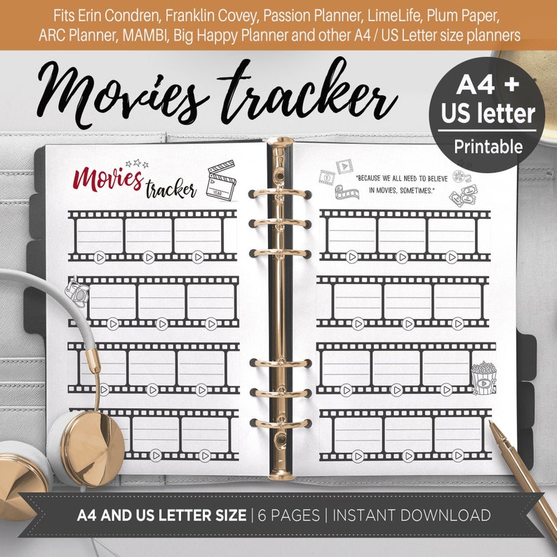 Movies to Watch List Printable, Bullet Journal Movie Tracker Pages ...