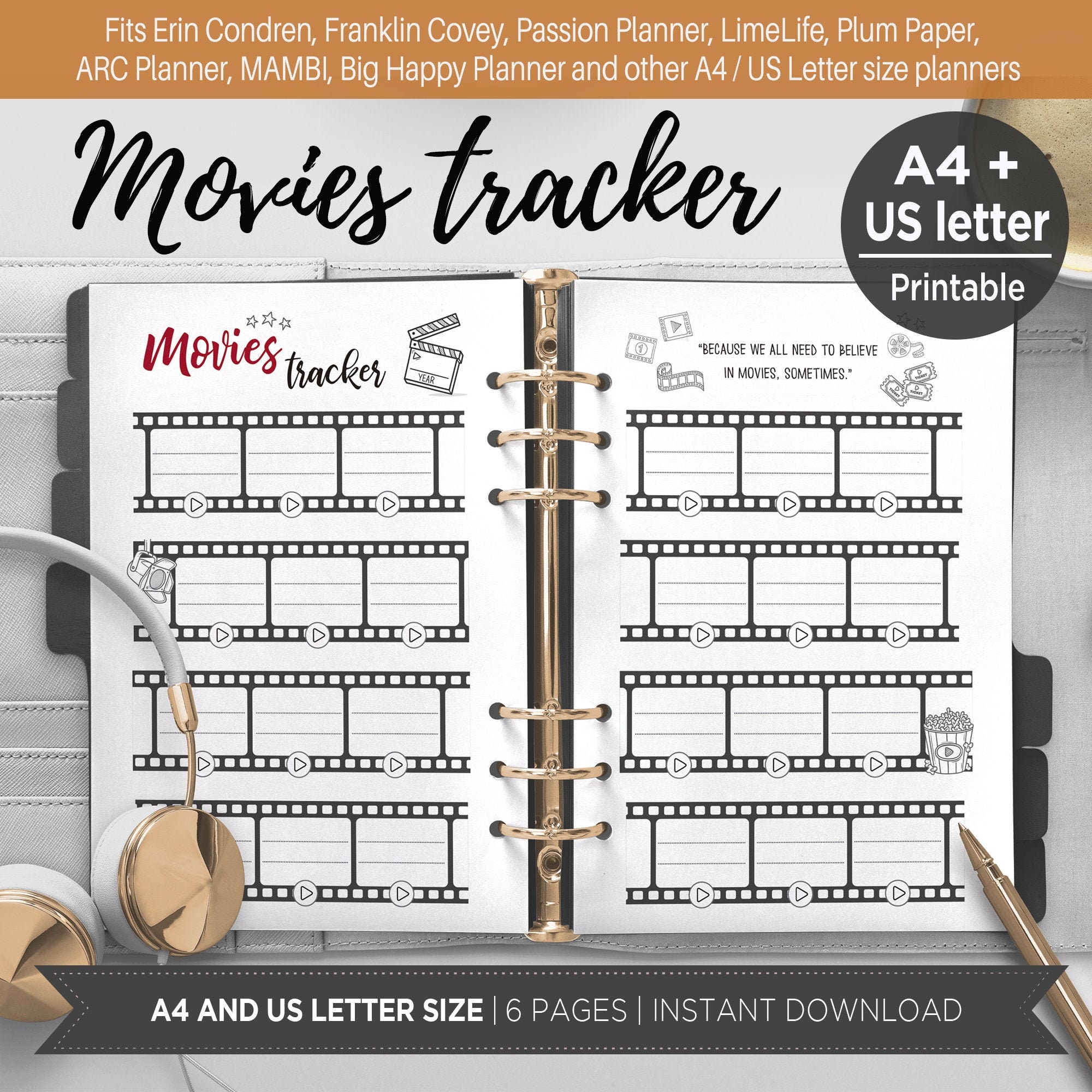 Movies to Watch List Printable, Bullet Journal Movie Tracker Pages ...