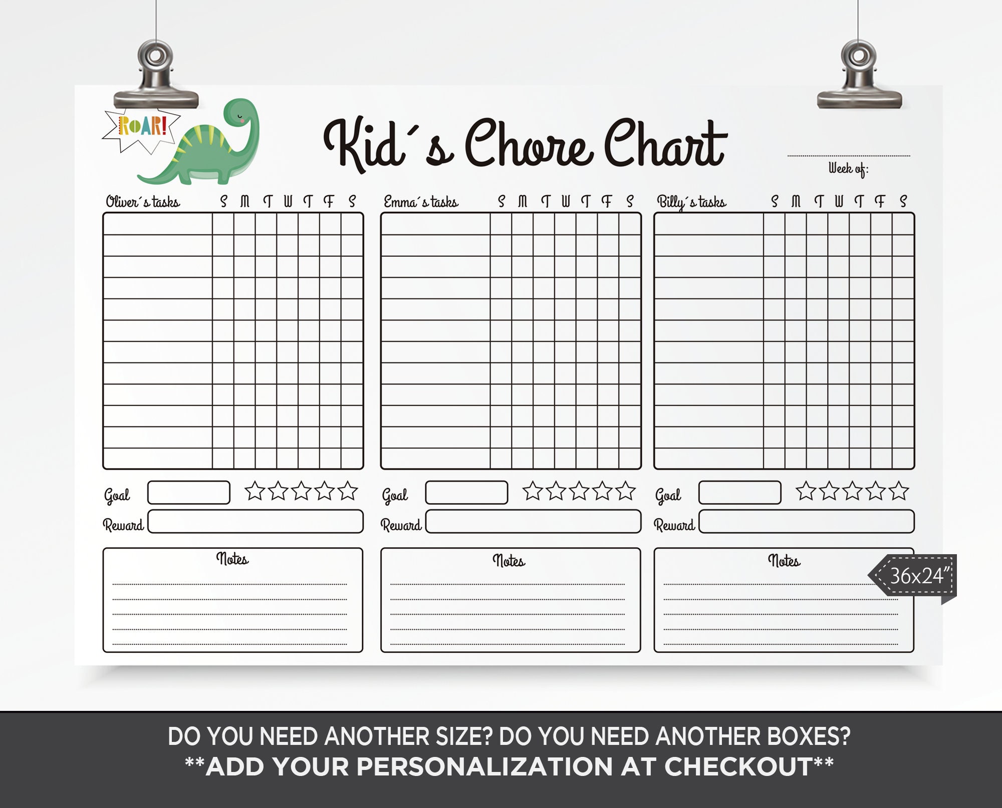 Kids Chore Chart Printable Customized With Your Kids Names, Dinosaur ...