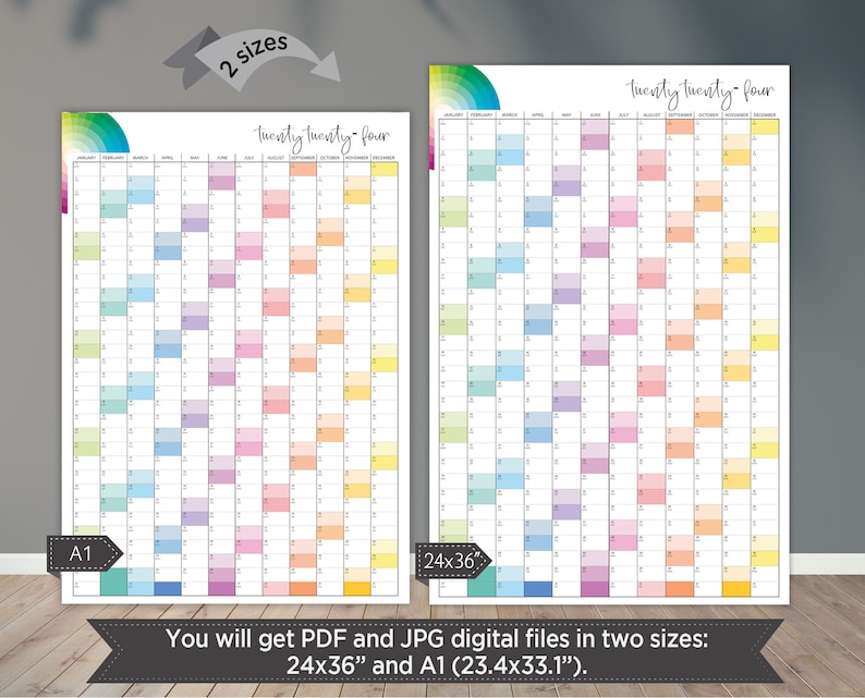 Rainbow 2024 Year Calendar Printable, Wall Planner Appointment ...