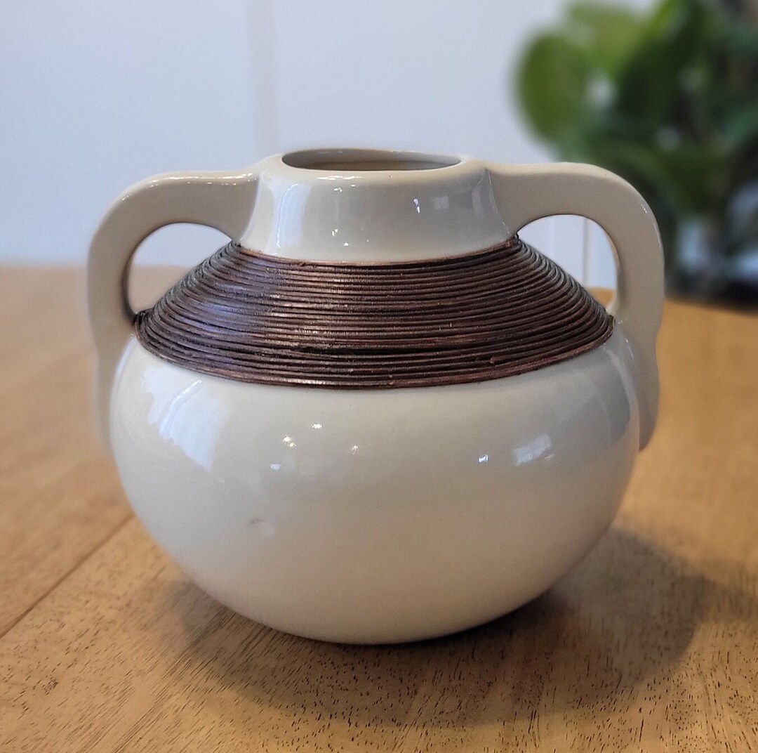 Vintage Two Handle Pottery Vase in Cream and Brown - Etsy