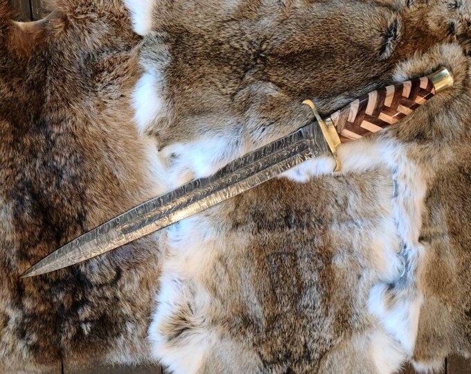 Damascus Short Sword With a Braided Wood Handle, Premium Leather Sheath ...