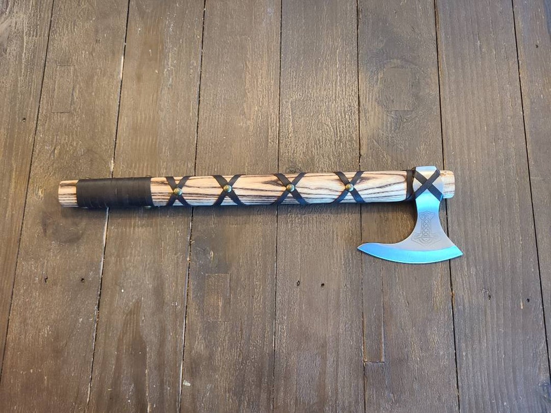 Leather Wrapped Bearded Viking Axe, Custom Engraved Carbon Steel Battle ...