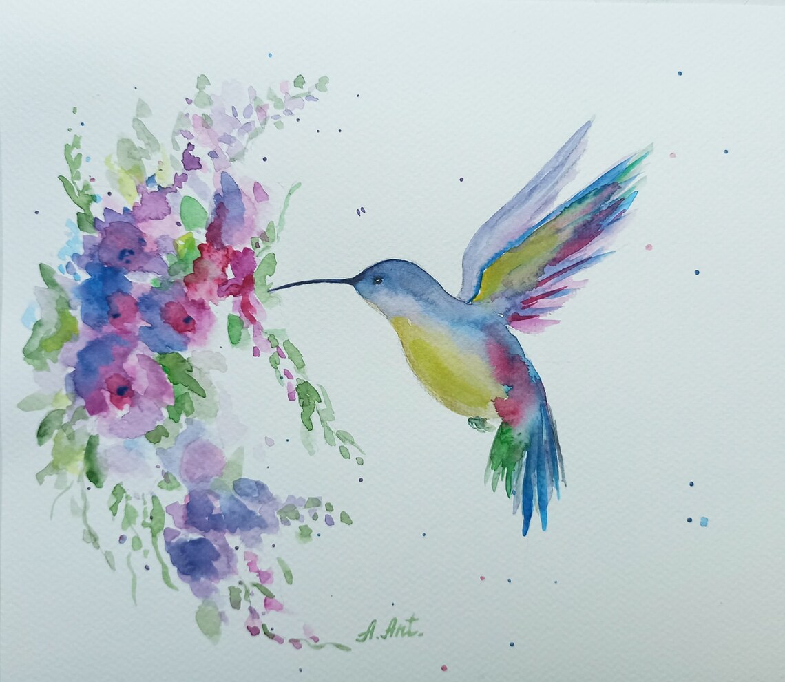 Bird Watercolor Painting Hummingbird with Flowers Original | Etsy