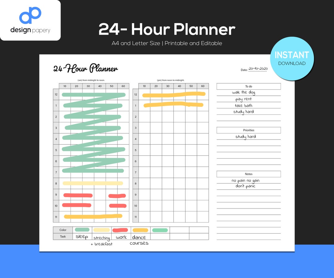 24 Hour Planner Daily Planner Daily Tasks Daily Goals Day - Etsy