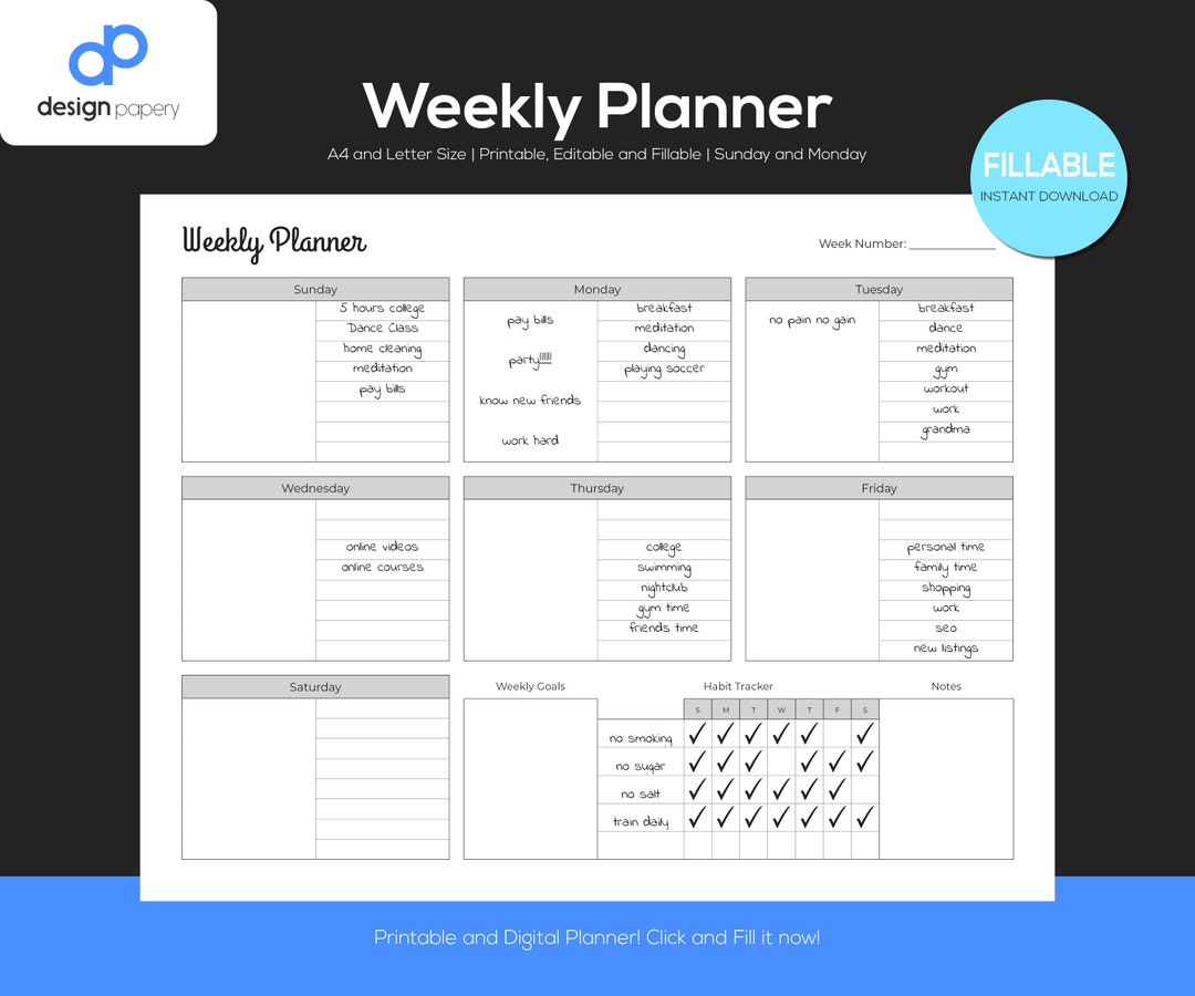 Weekly Planner, Weekly Plan, Week Action Plan, Planner Printable ...