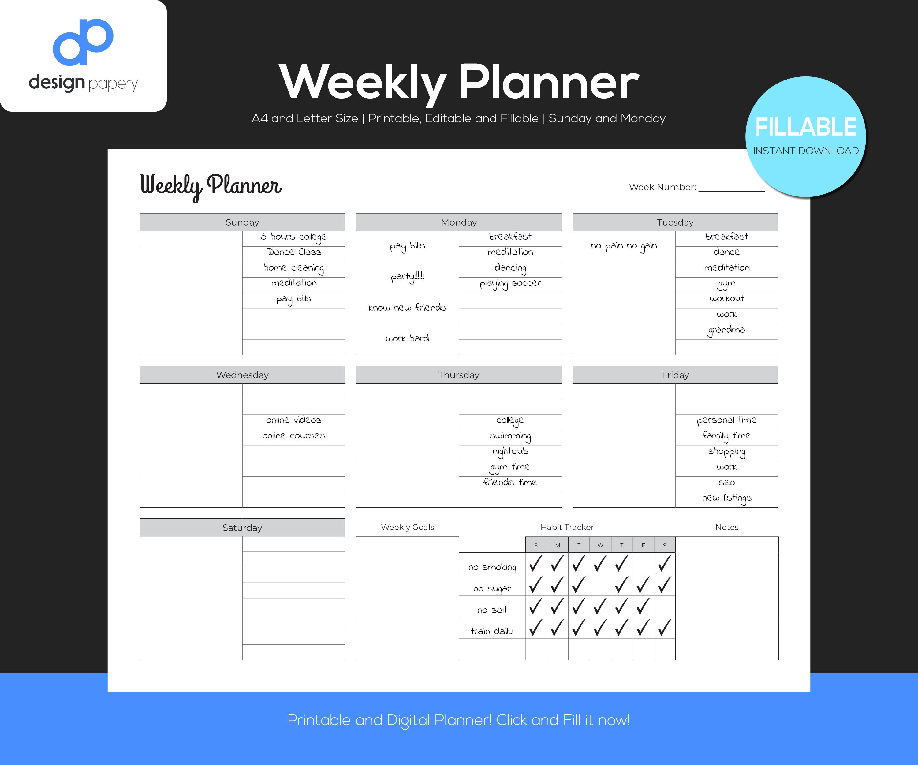Weekly Planner, Weekly Plan, Week Action Plan, Planner Printable ...