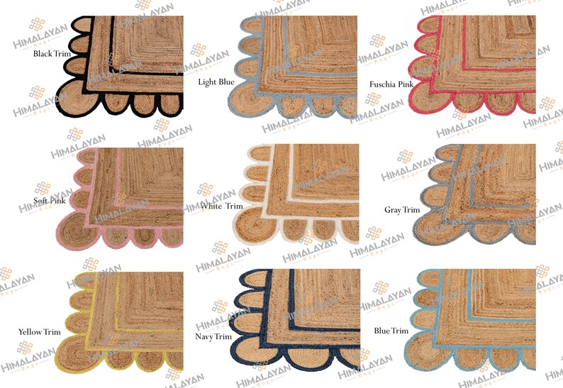 Jute Scallop Single Light Blue Border Handmade Boho Rug | Etsy