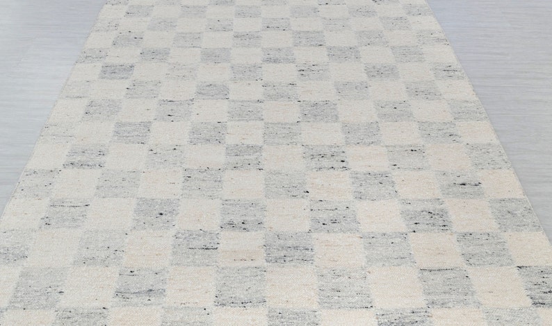 Ivory Grey Cheque Pattern Design Rug Wool Moroccan Inspired Rug Hand ...