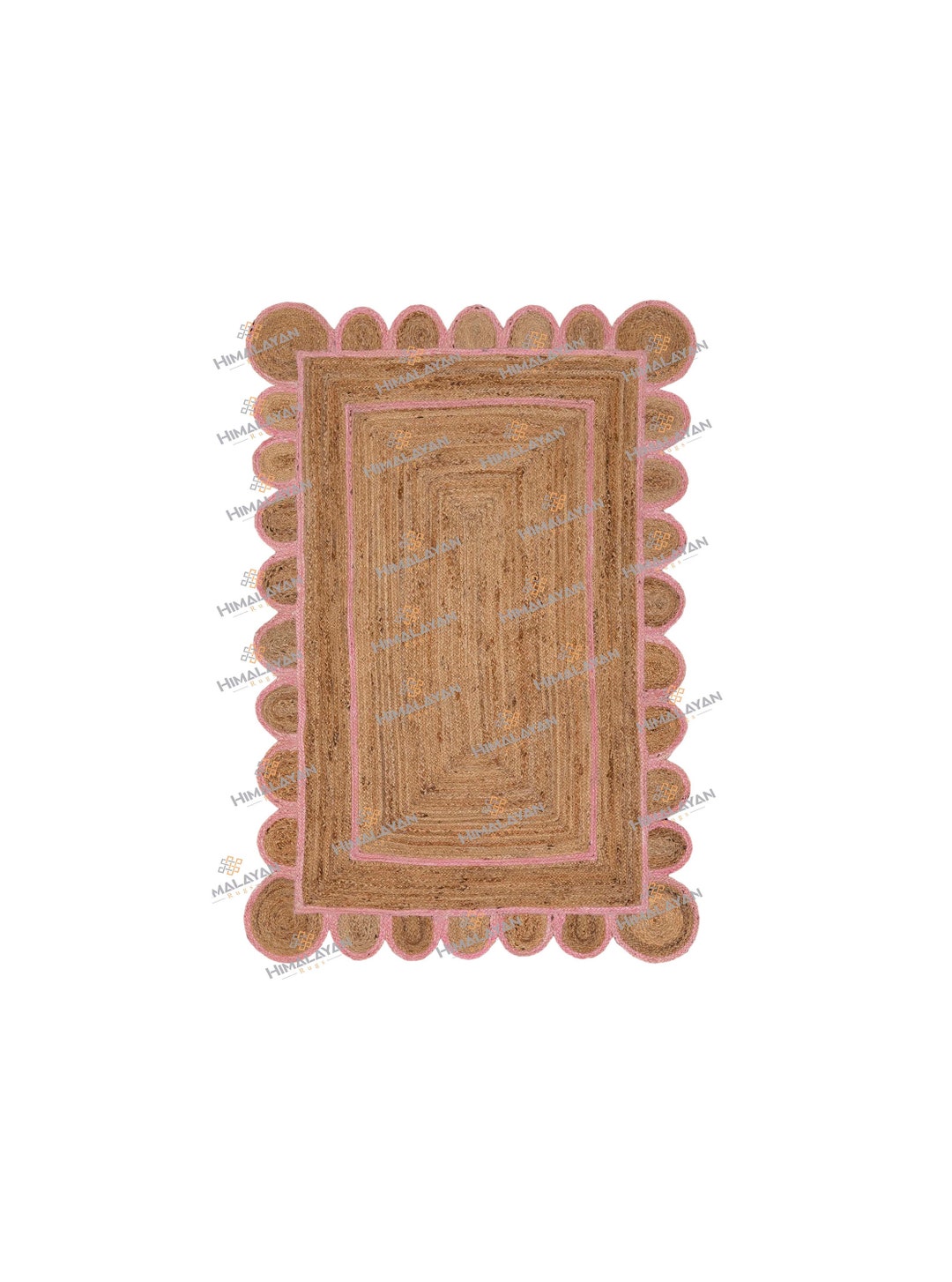 Soft Pink Border Jute Scalloped Handmade Rug, Pink Jute Rugs Boho ...