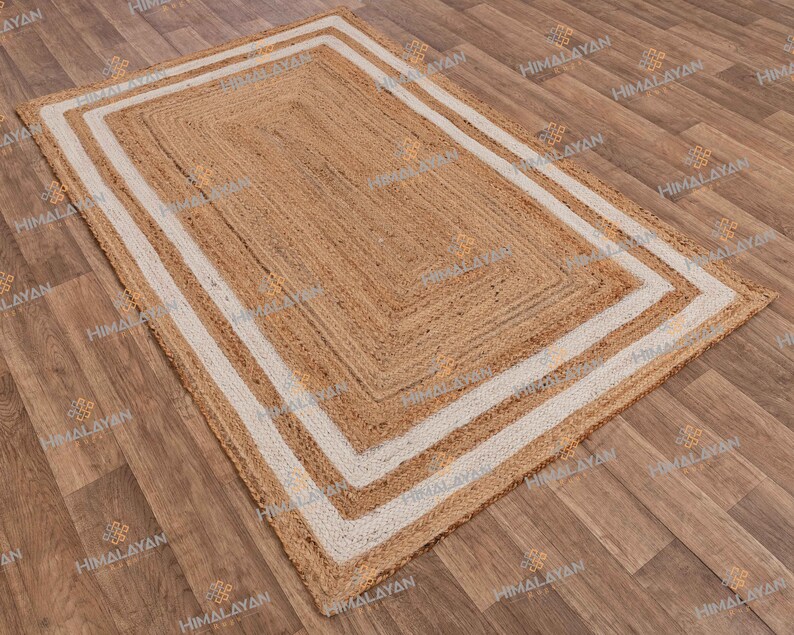 White Border Rectangle Jute Handmade Rug Customize in Any | Etsy