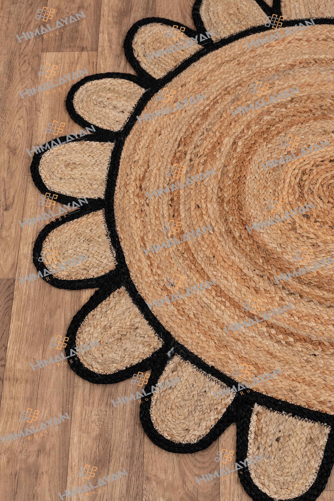 Round Jute Scallop Rug Black Customize in Any Size & Shape | Etsy