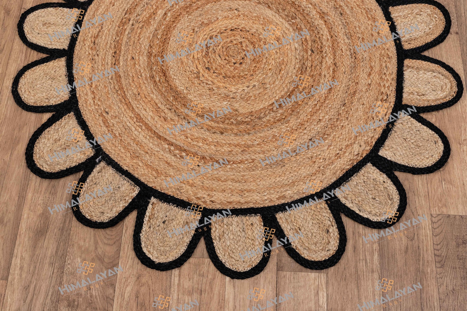 Round Jute Scallop Rug Black Customize in Any Size & Shape - Etsy