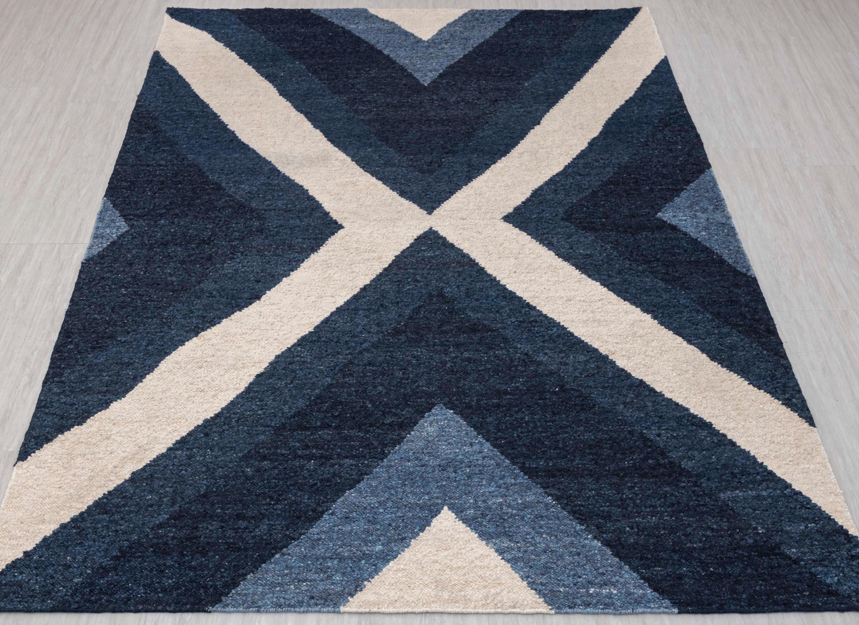 8x10 Blue Indigo Cream Wool Thick Hand Woven High Quality Bohemian ...