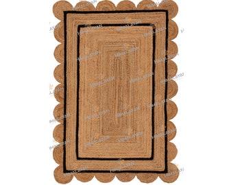 Jute Scallop Single Light Blue Border Handmade Boho Rug | Etsy