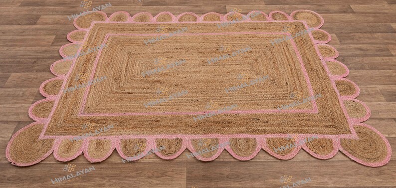 Soft Pink Border Jute Scalloped Handmade Rug, Pink Jute Rugs Boho ...