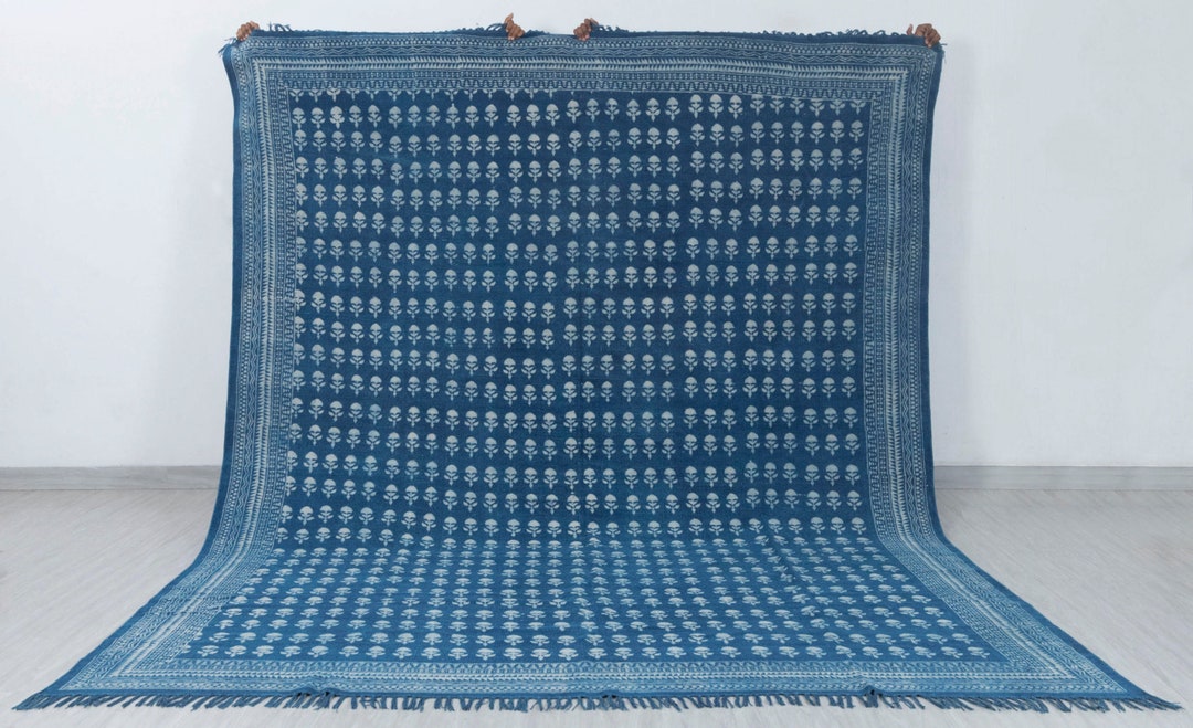 Handmade Cotton Printed Rug Blue White Flower Block Printed Boho ...