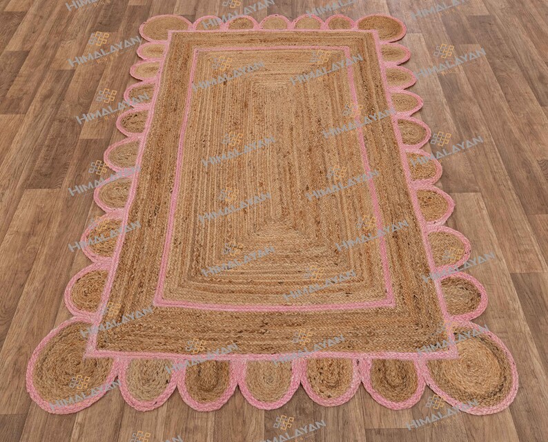 Soft Pink Border Jute Scalloped Handmade Rug, Pink Jute Rugs Boho ...