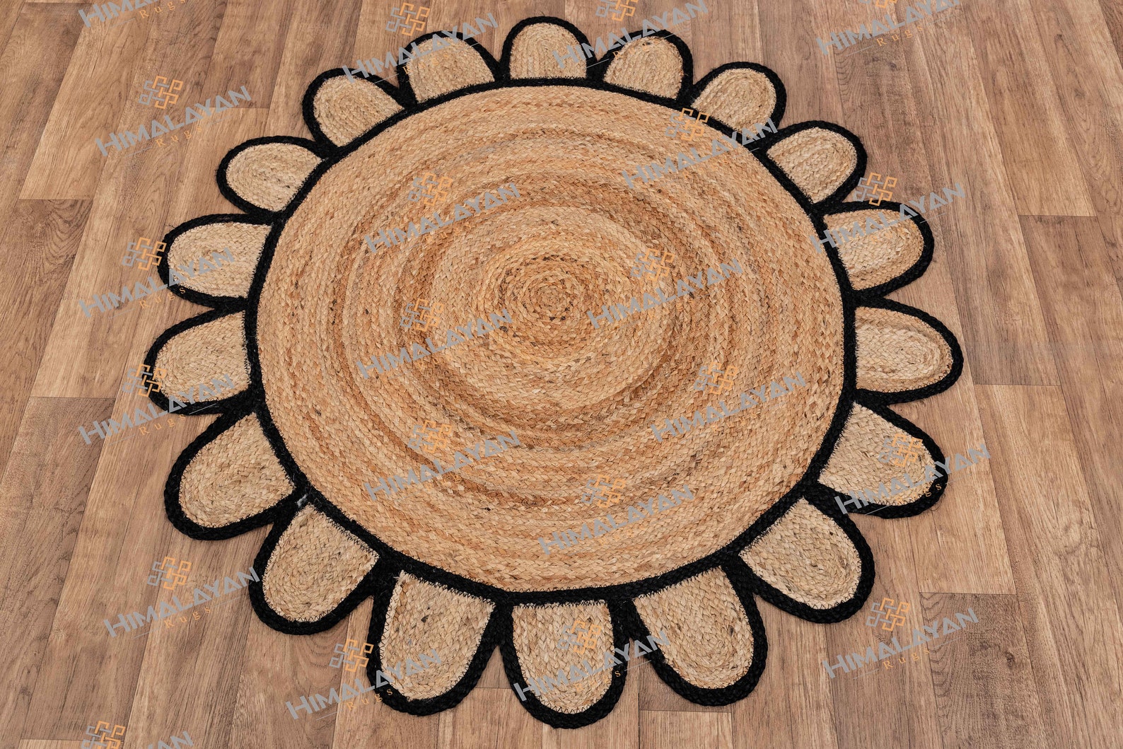 Round Jute Scallop Rug Black Customize in Any Size & Shape - Etsy