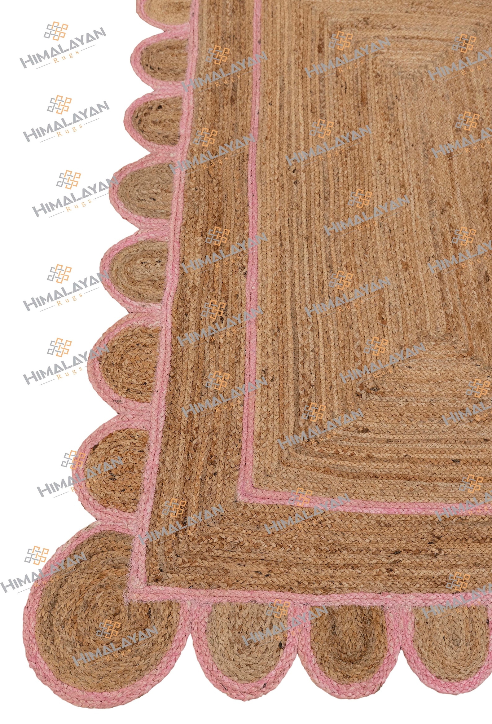 Soft Pink Border Jute Scalloped Handmade Rug, Pink Jute Rugs Boho ...