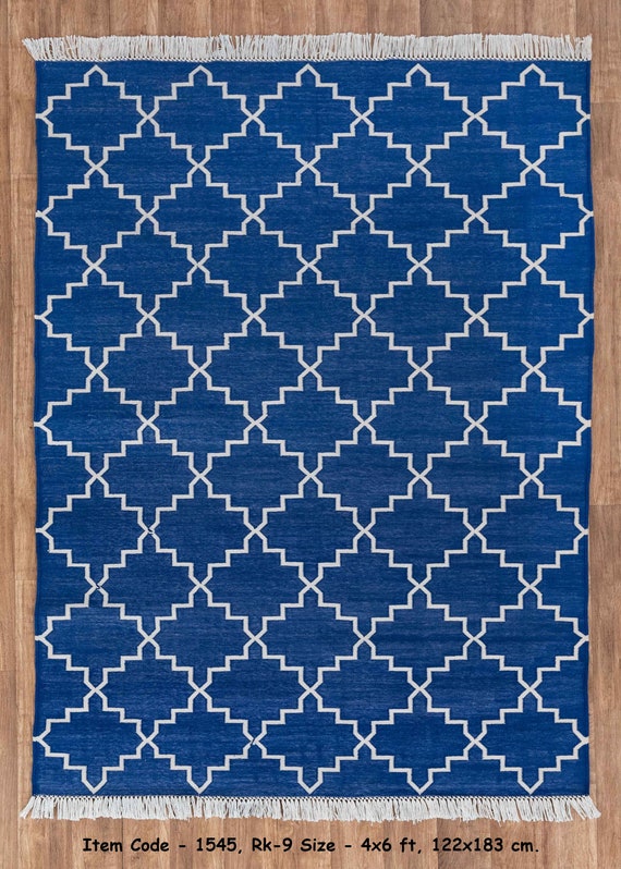 4X6 Blue Hand Woven Geometric High Quality Cotton Flatweave | Etsy