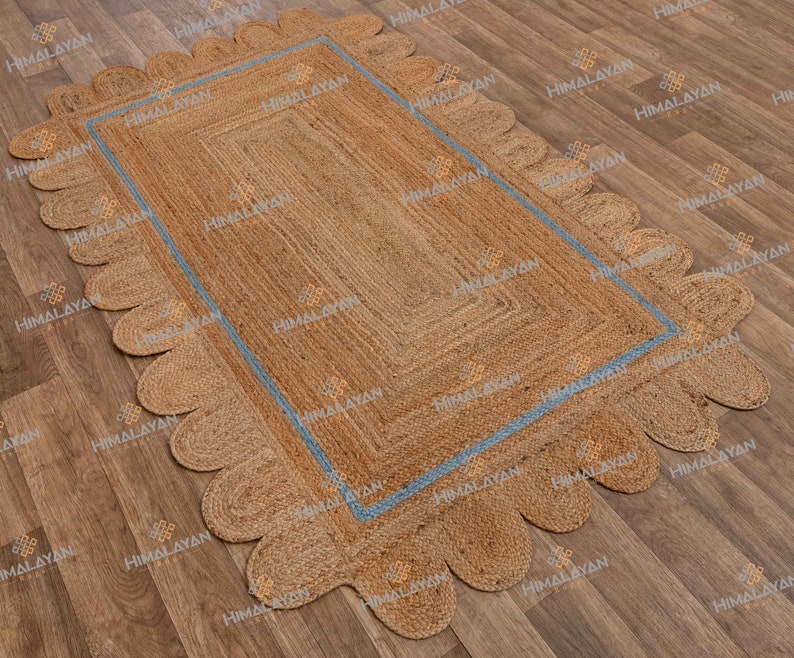 Jute Scallop Single Light Blue Border Handmade Boho Rug | Etsy