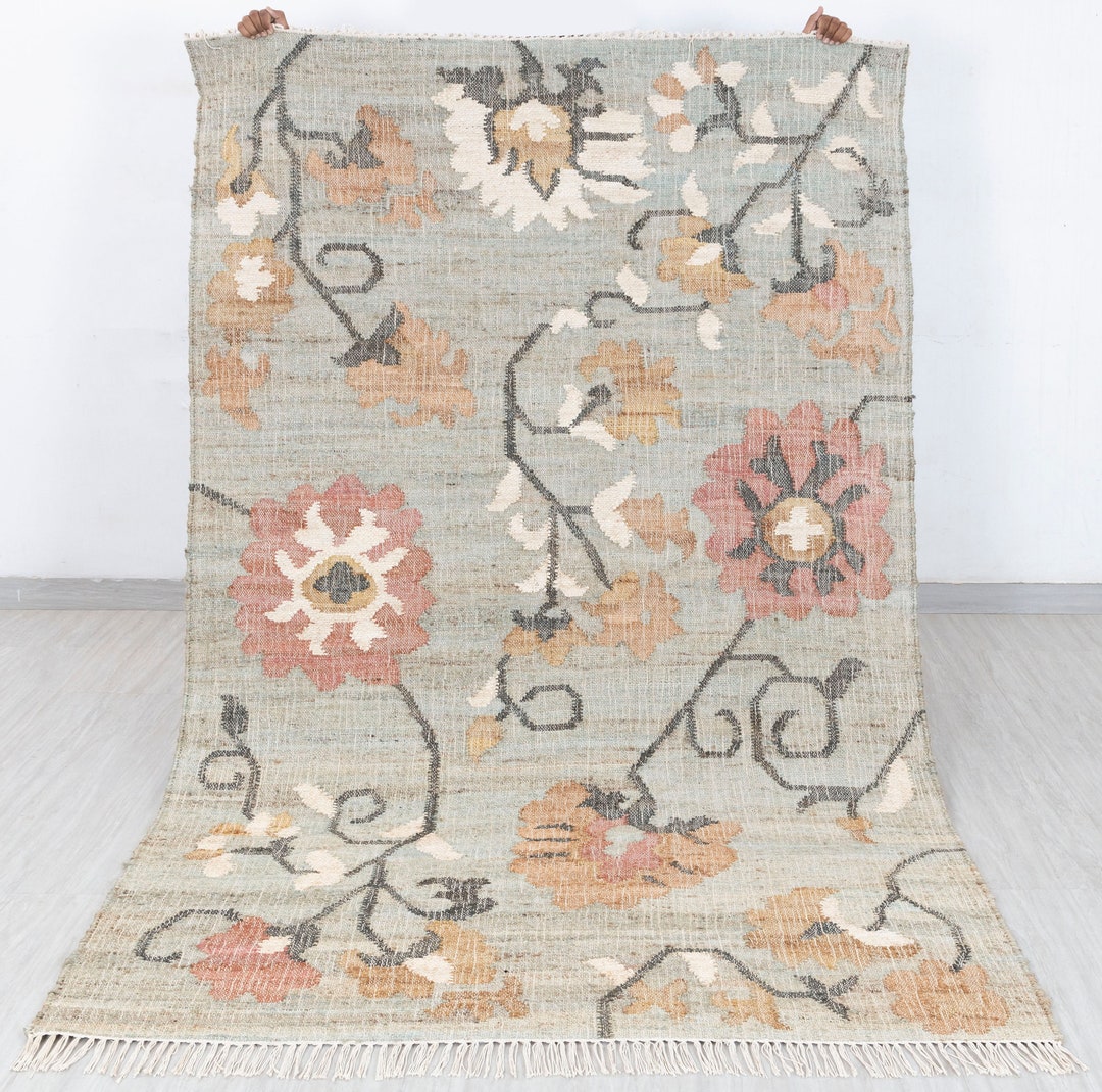 Green Flower Design Living Room Rug Jute Flatweave Premium Rug Hand ...