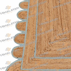 Scalloped Jute Rug, Light Blue Jute Scallop Boho Decor Handmade Rug ...