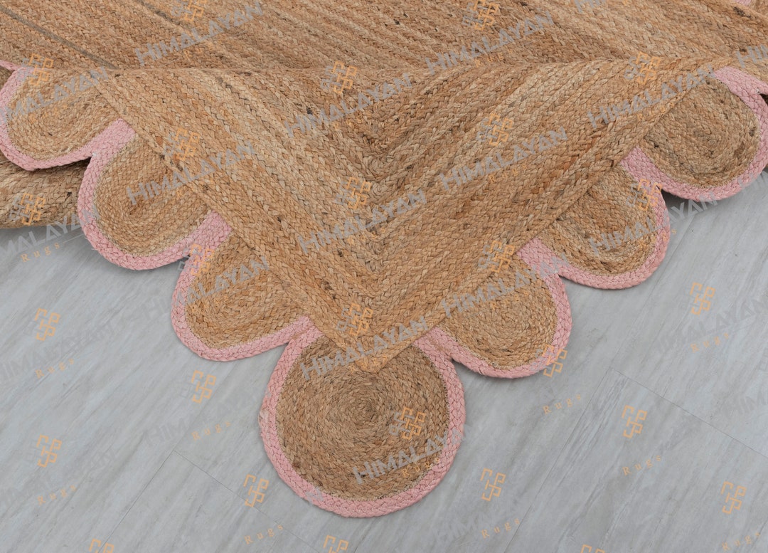Soft Light Pink Border Jute Scalloped Handmade Rug, Pink Jute Rugs Boho ...
