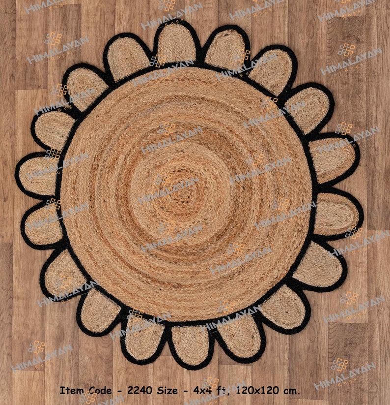 Round Jute Scallop Rug Black Customize in Any Size & Shape - Etsy