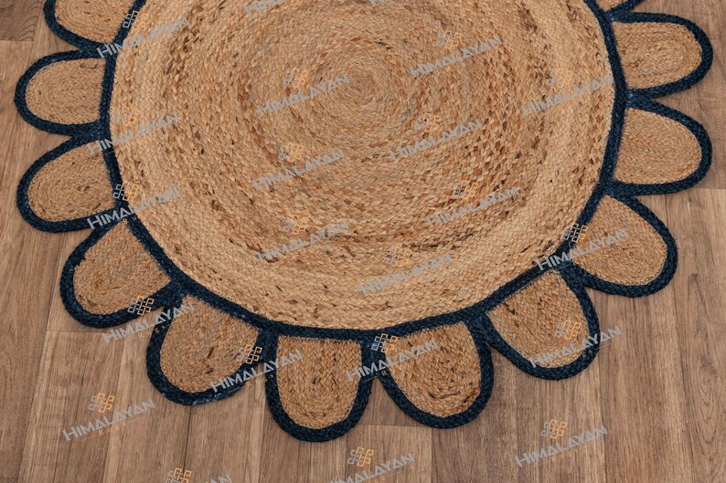 Round Jute Scallop Rug Navy Blue Customize in Any Size & - Etsy