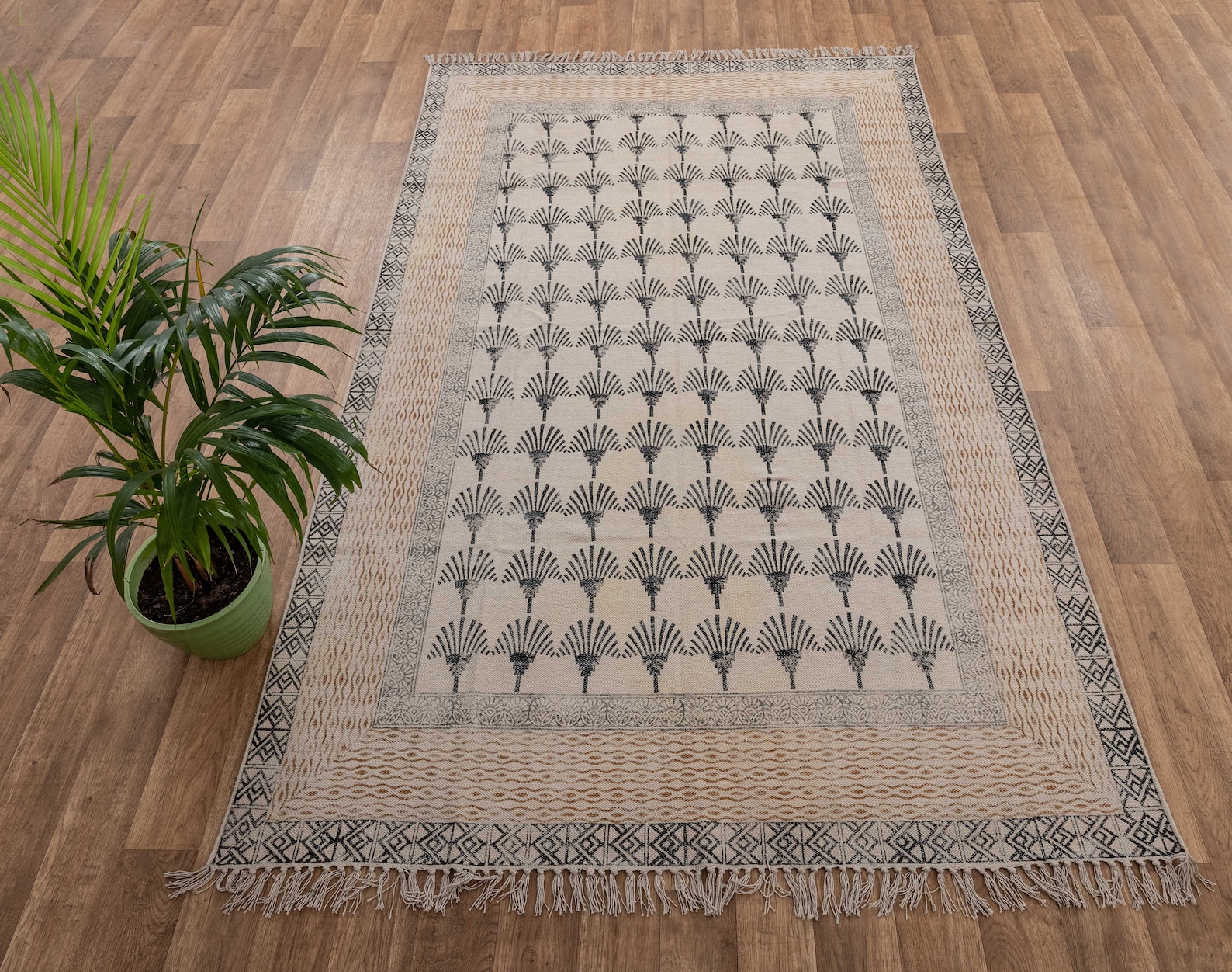 Handmade Cotton Natural Block Printed Boho Inspired Flatweave Rug...aa ...