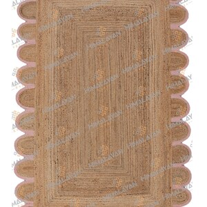 Soft Light Pink Border Jute Scalloped Handmade Rug, Pink Jute Rugs Boho ...