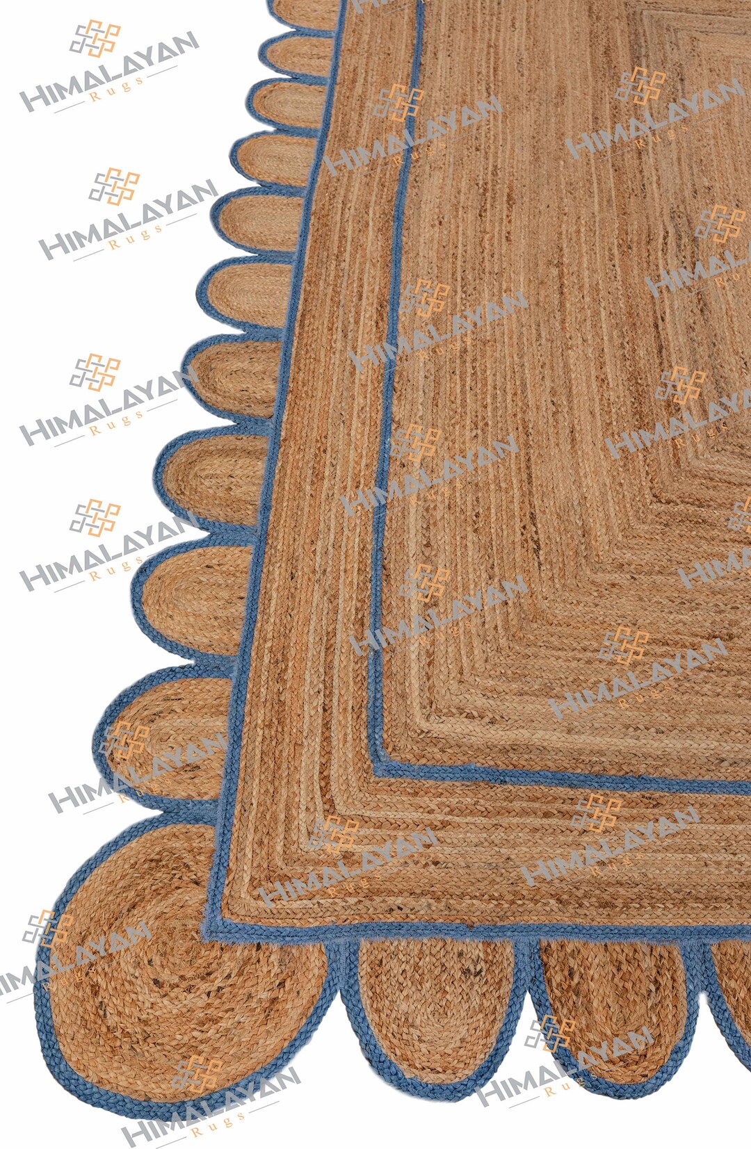 French Blue Jute Scallop Handmade Rug, Jute Rugs, Customise in Any Size ...