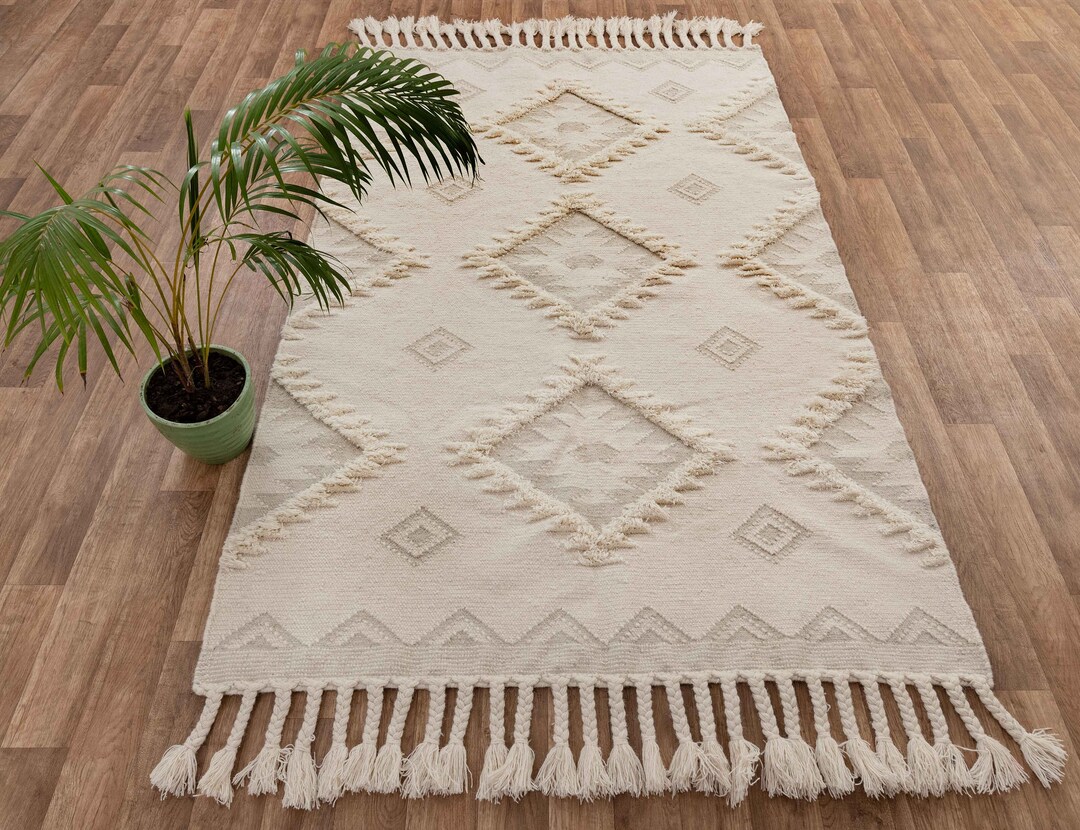 Ivory Grey Hand Woven Moroccan Inspired Bohemian Wool Rug, Boho Rug ...