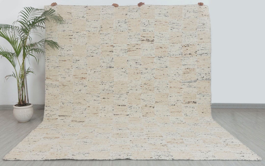 Beige White Box Pattern Design Rug Wool Moroccan Inspired Rug Hand ...