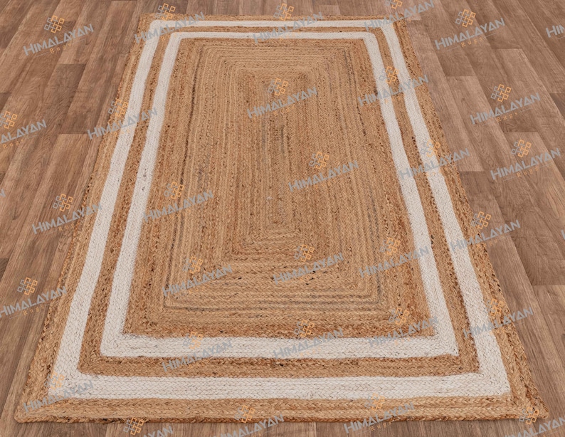 White Border Rectangle Jute Handmade Rug Customize in Any | Etsy