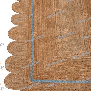 Jute Scallop Single Light Blue Border Handmade Boho Rug- Customize in ...