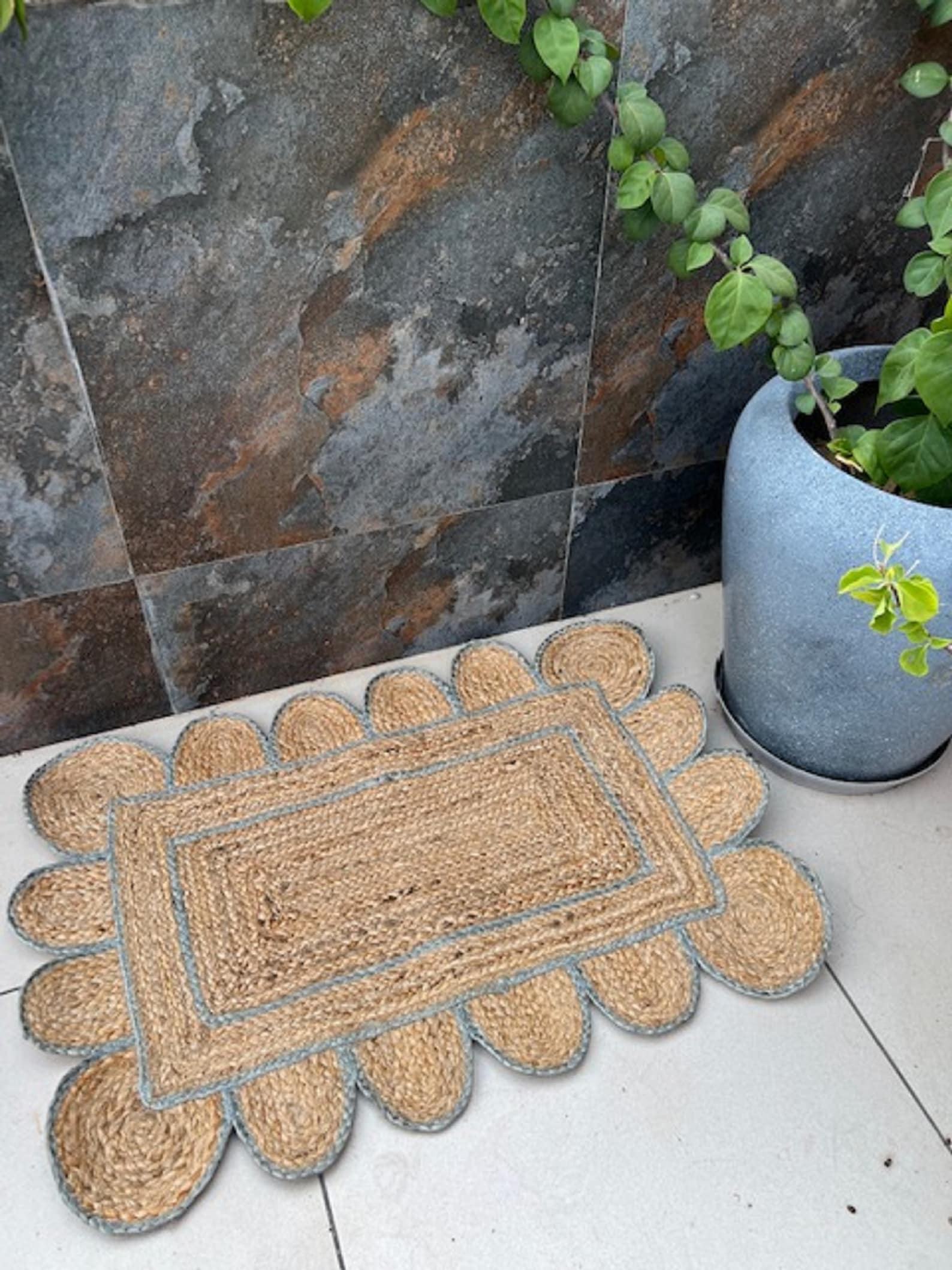 Scalloped Jute Rug Light Blue Jute Scallop Boho Decor - Etsy