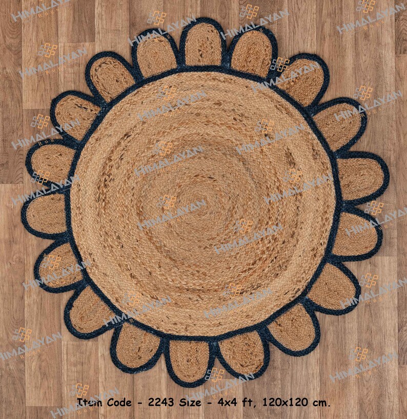 Round Jute Scallop Rug Navy Blue Customize in Any Size & - Etsy