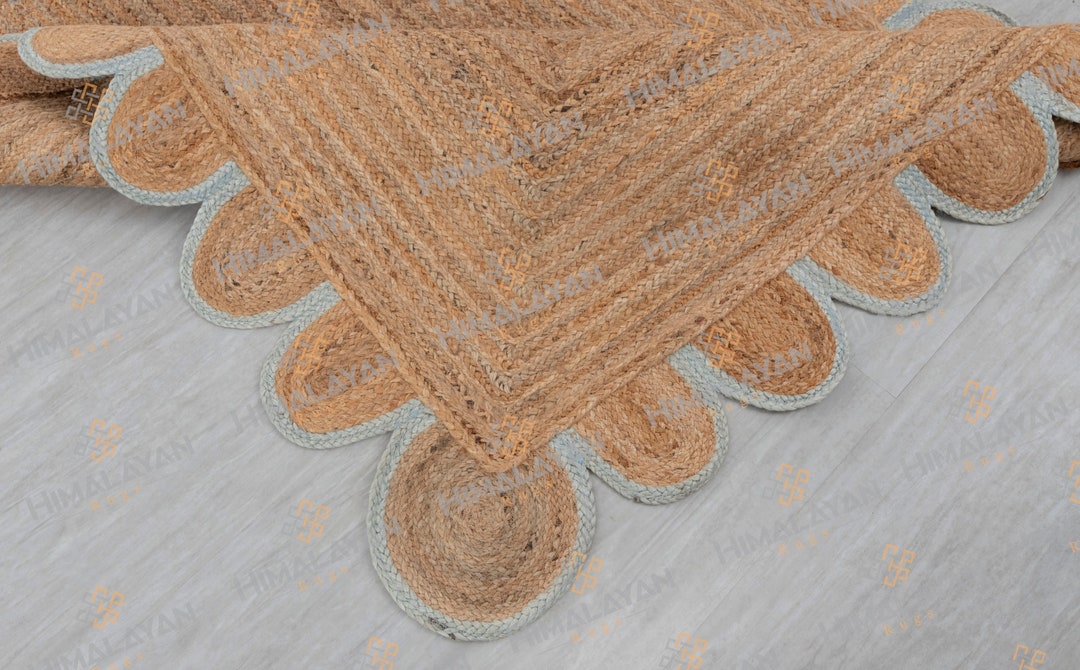 Scalloped Jute Rug, Light Blue Jute Scallop Boho Decor Handmade Rug ...